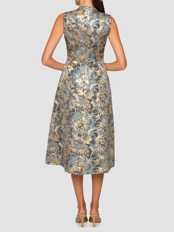 KAY UNGER Celina Floral Metallic-jacquard V-neck Midi-dress