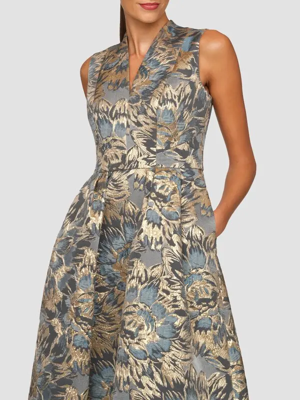 KAY UNGER Celina Floral Metallic-jacquard V-neck Midi-dress