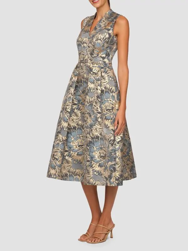 KAY UNGER Celina Floral Metallic-jacquard V-neck Midi-dress