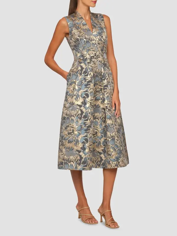 KAY UNGER Celina Floral Metallic-jacquard V-neck Midi-dress