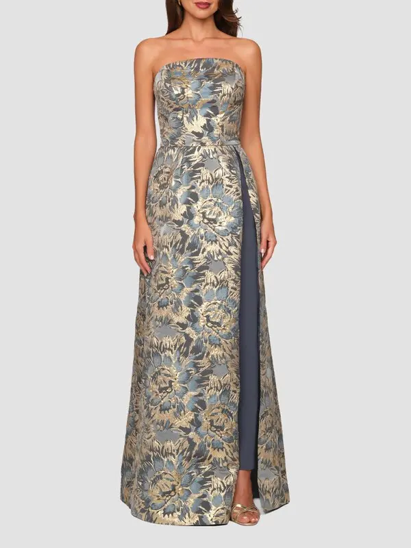 KAY UNGER Allison Metallic Floral Jacquard Walk-thru Strapless Jumpsuit