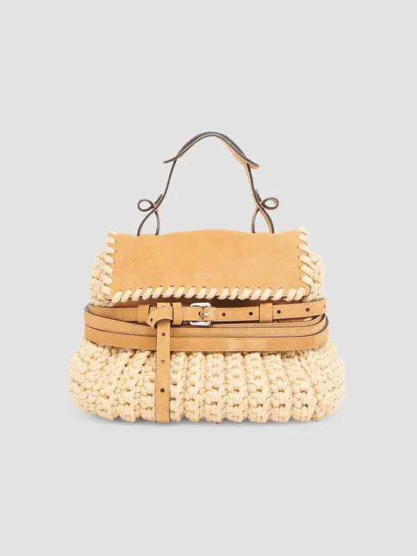 Moschino Tie Me Crochet & Suede Top Handle Bag - Beige