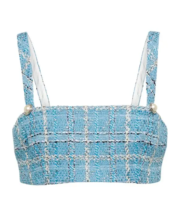 Alessandra Rich Embellished Checked Tweed Crop Top - Light Blue