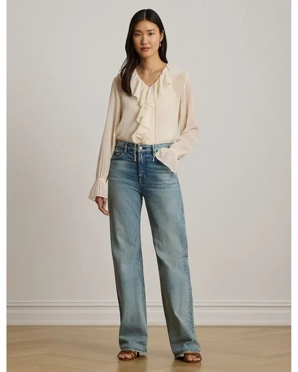 Ralph Lauren Crinkle Georgette Ruffle Trim Blouse