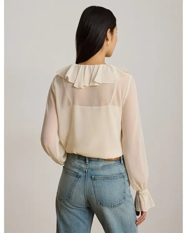Ralph Lauren Crinkle Georgette Ruffle Trim Blouse