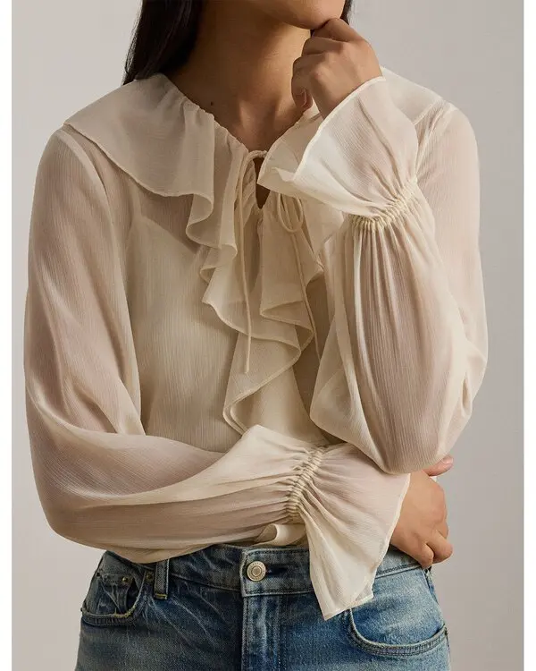 Ralph Lauren Crinkle Georgette Ruffle Trim Blouse