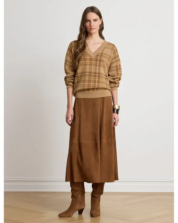 Ralph Lauren Plaid Wool Blend V Neck Sweater