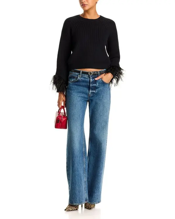 Aqua Feather Trim Cropped Crewneck Pullover Exclusive