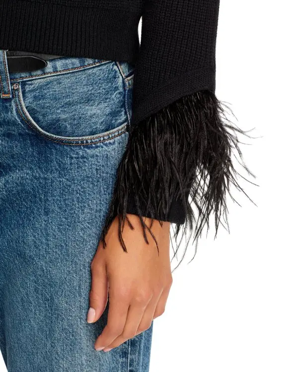 Aqua Feather Trim Cropped Crewneck Pullover Exclusive