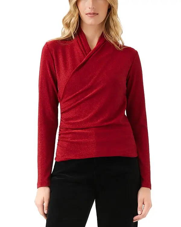 Karen Kane Metallic Crossover Shirred Top - Black/silver