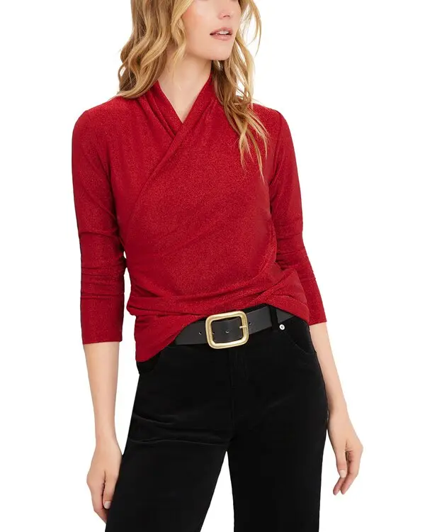 Karen Kane Metallic Crossover Shirred Top - Black/silver