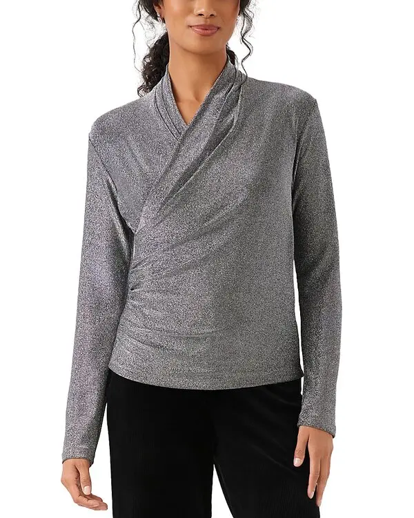 Karen Kane Petite Crossover Shirred Top - Black/silver