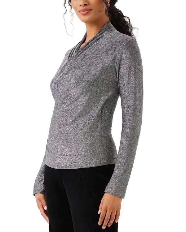 Karen Kane Petite Crossover Shirred Top - Black/silver