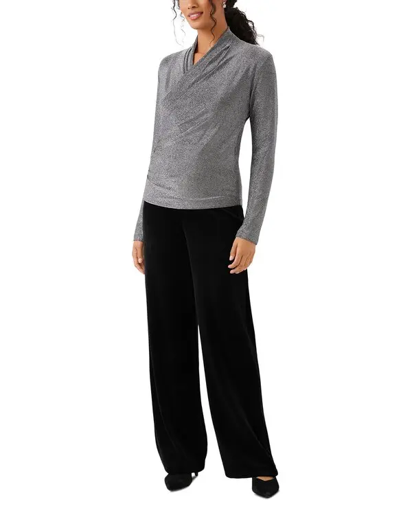 Karen Kane Petite Crossover Shirred Top - Black/silver