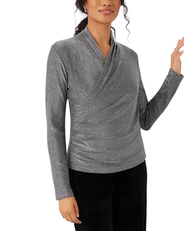 Karen Kane Petite Crossover Shirred Top - Black/silver