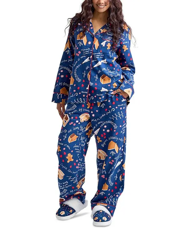 NICK & NORA Gingerbread Flannel Long Sleeve Pajama Set - Navy