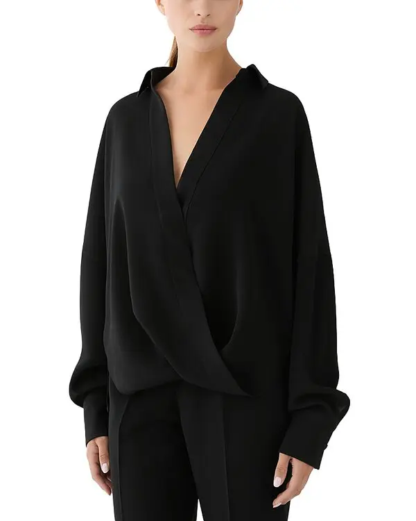 Lafayette 148 New York Finesse Crepe Oversized Twist Waist Blouse - Black