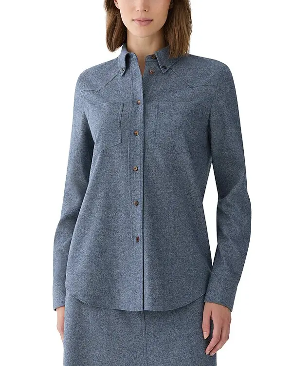 Lafayette 148 New York Western Wool & Cashmere Stretch Blouse - Nu Blue Multi