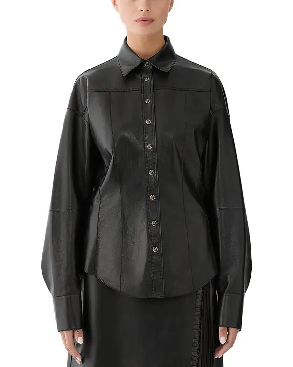 Lafayette 148 New York Horn Snap Button Lambskin Leather Blouse - Black