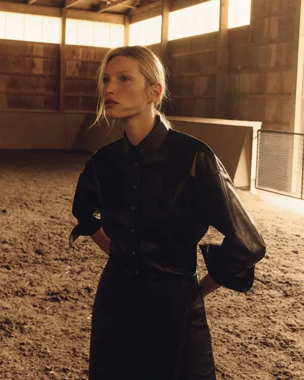 Lafayette 148 New York Horn Snap Button Lambskin Leather Blouse