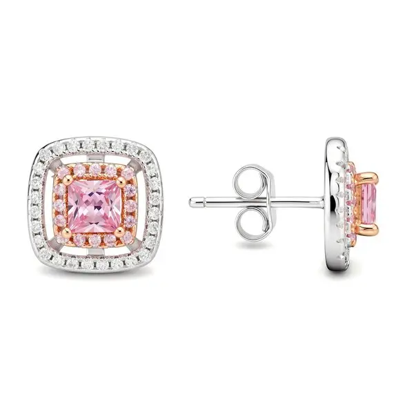 KYLIE HARPER Two-tone Princess-cut Double Halo Pink Cz Stud Earrings In Sterling