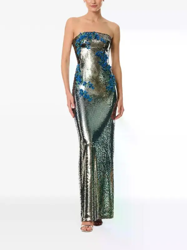 Monique Lhuillier Sequin-embellished 3d Floral-appliqué Maxi Dress