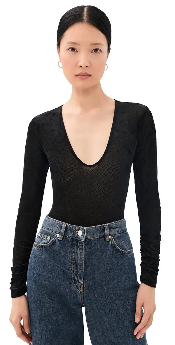 L'AGENCE Thalassa Velvet High Cut Thong Bodysuit - Black