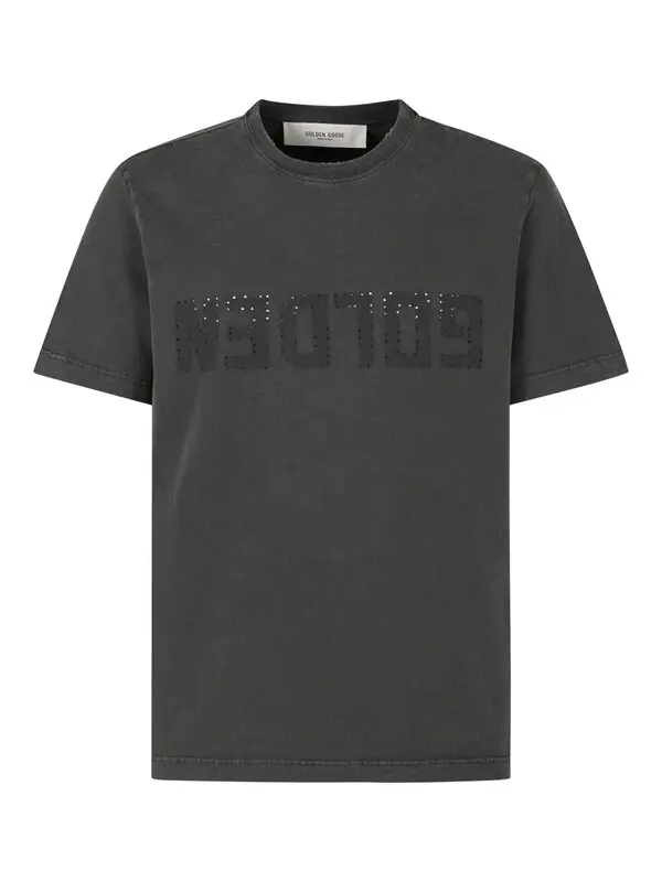 GOLDEN GOOSE Golden M's Regular T-shirt Distressed Cotton Jersey With Logo - Black