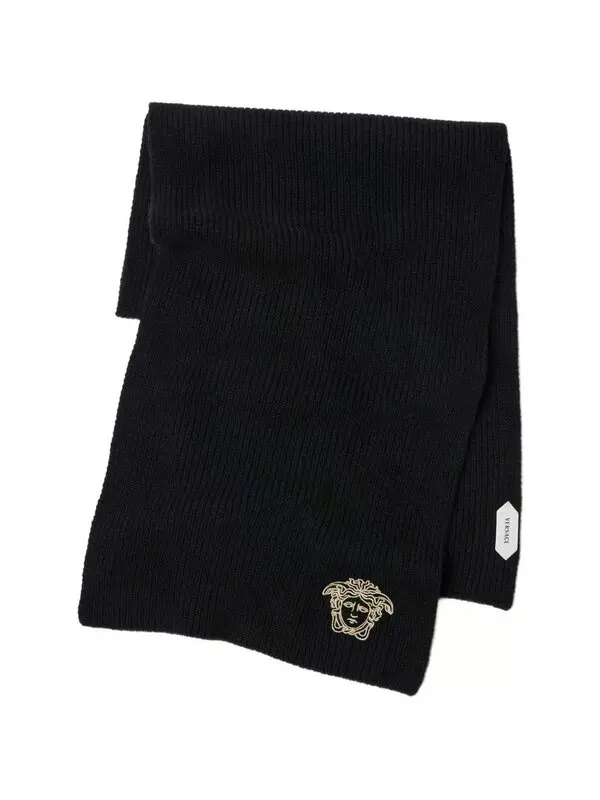Versace Medusa-embroidered Ribbed-knit Scarf - Black