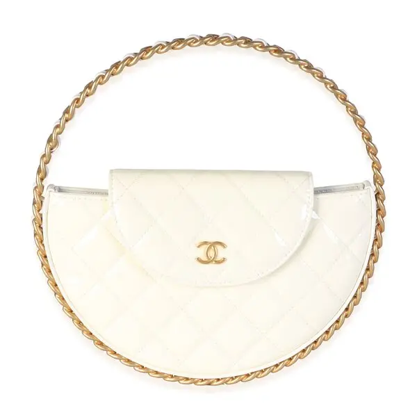 Chanel Quilted Patent Chain Around Hoop Top Handle Bag - White