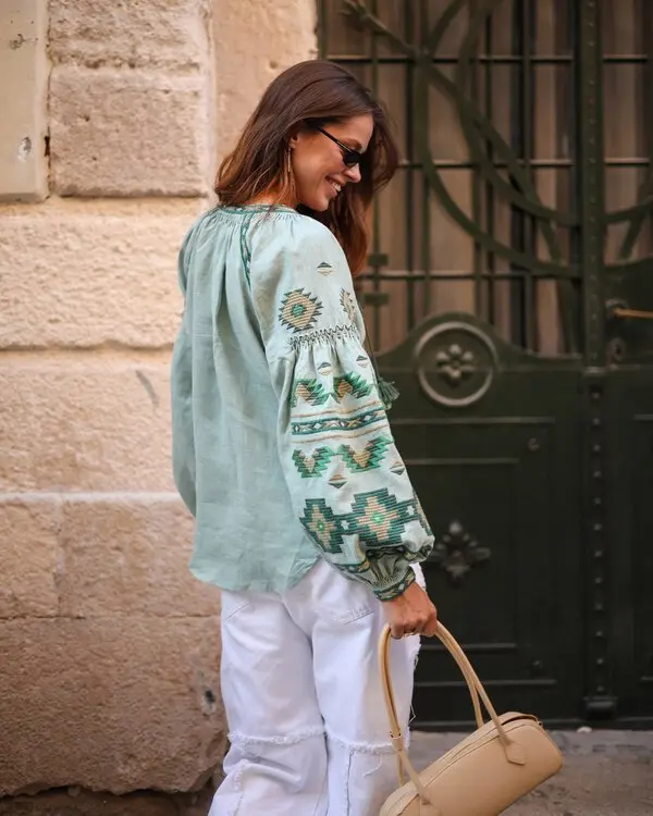 ANNABO Rombé Geometric Embroidered Linen Blouse