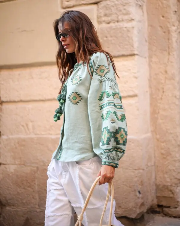 ANNABO Rombé Geometric Embroidered Linen Blouse