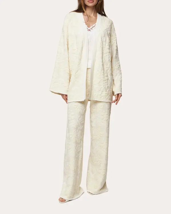 ANNABO Pale Rose Jacquard Wool Wide-leg Pants