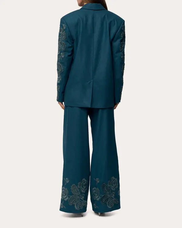 ANNABO Velvet Rose Embroidered Wool Wide-leg Pants