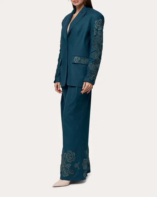 ANNABO Velvet Rose Embroidered Wool Wide-leg Pants