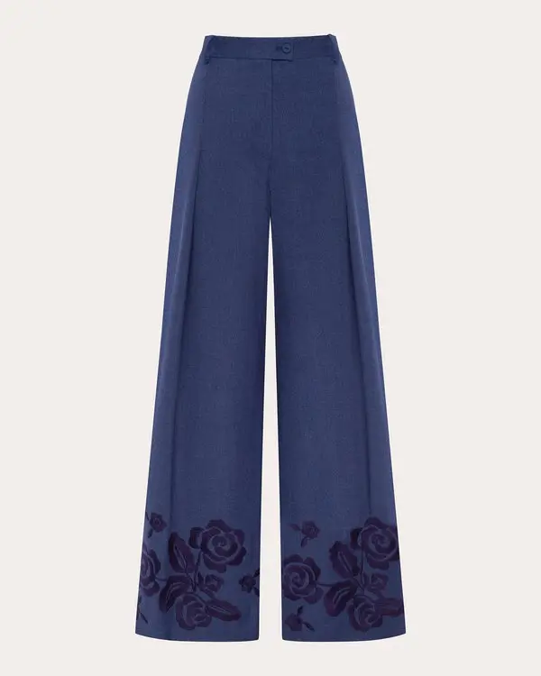 ANNABO Velvet Rose Embroidered Wool Wide-leg Pants