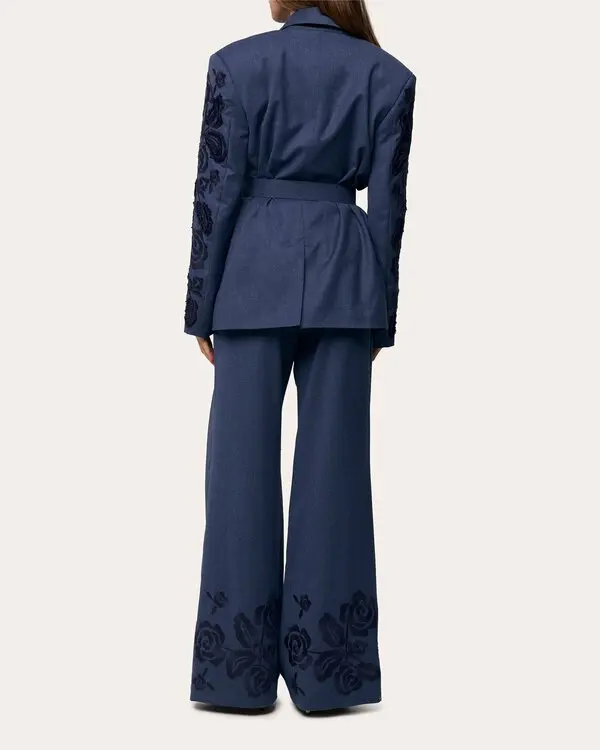ANNABO Velvet Rose Embroidered Wool Wide-leg Pants