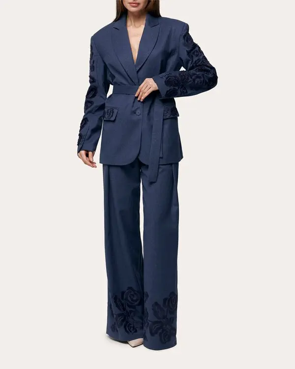 ANNABO Velvet Rose Embroidered Wool Wide-leg Pants