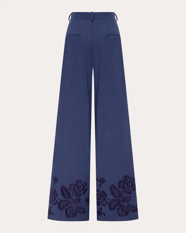 ANNABO Velvet Rose Embroidered Wool Wide-leg Pants