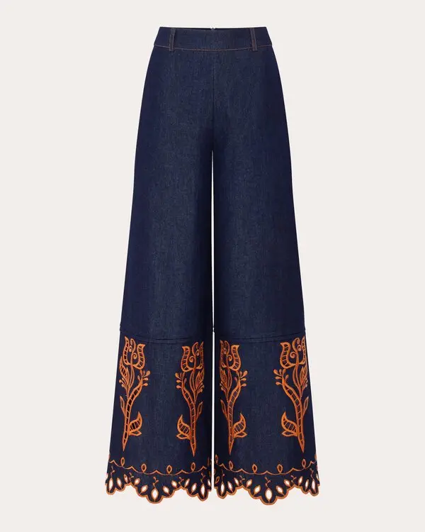 ANNABO Velvet Rose Embroidered Denim Wide-leg Pants