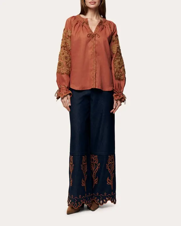 ANNABO Velvet Rose Embroidered Denim Wide-leg Pants