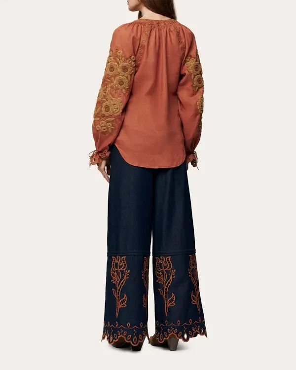 ANNABO Velvet Rose Embroidered Denim Wide-leg Pants