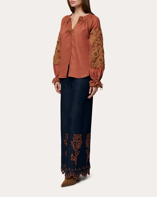 ANNABO Velvet Rose Embroidered Denim Wide-leg Pants