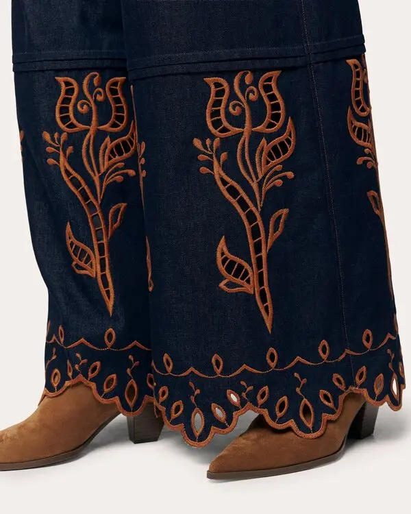 ANNABO Velvet Rose Embroidered Denim Wide-leg Pants