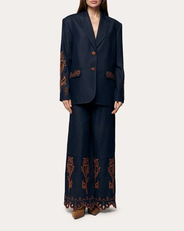 ANNABO Velvet Rose Embroidered Denim Wide-leg Pants