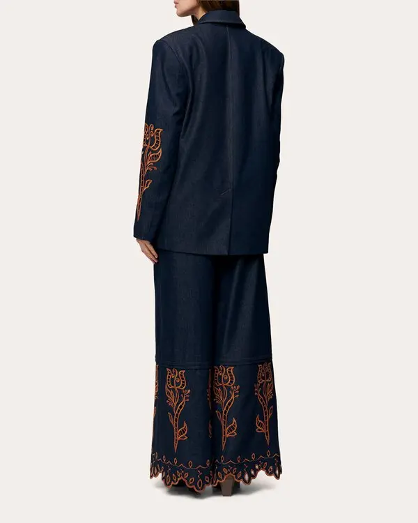 ANNABO Velvet Rose Embroidered Denim Wide-leg Pants