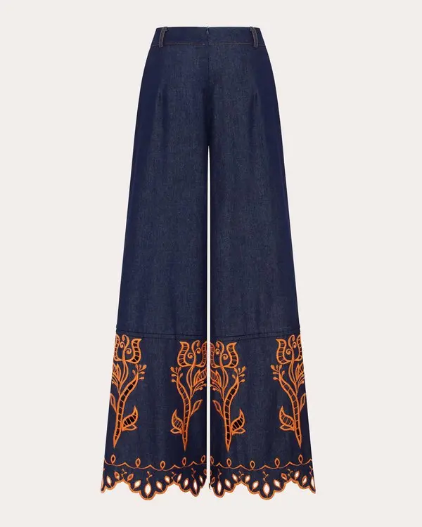 ANNABO Velvet Rose Embroidered Denim Wide-leg Pants