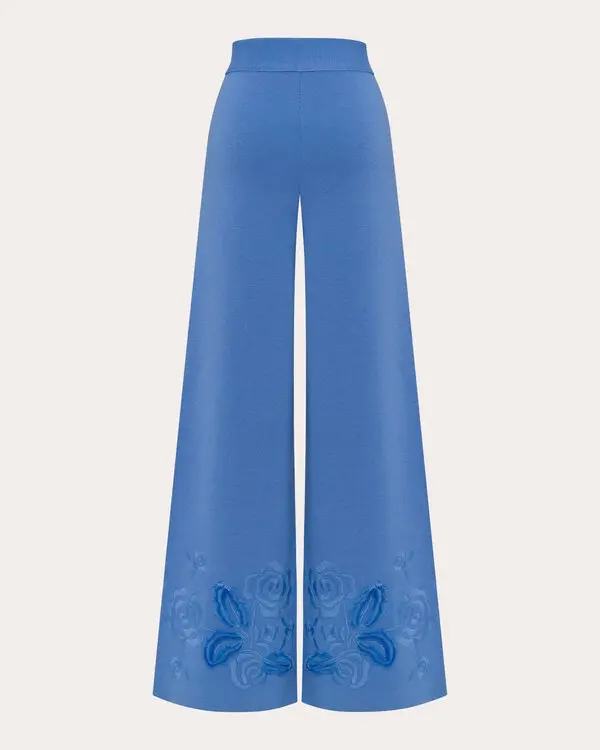 ANNABO Rose Embroidered Wool Wide-leg Pants - Blue