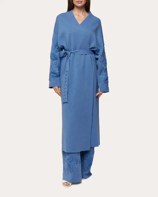 ANNABO Rose Embroidered Wool Wide-leg Pants