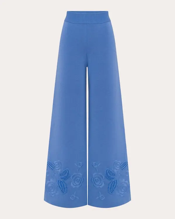 ANNABO Rose Embroidered Wool Wide-leg Pants